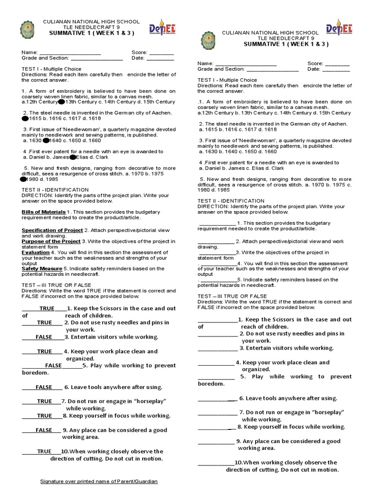 Q1 Summative Test 1 Needlecraft G 9 | PDF | Embroidery | Needlework