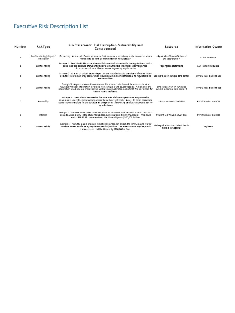 Executive Risk Description List | PDF | Vulnerability (Computing) | Risk