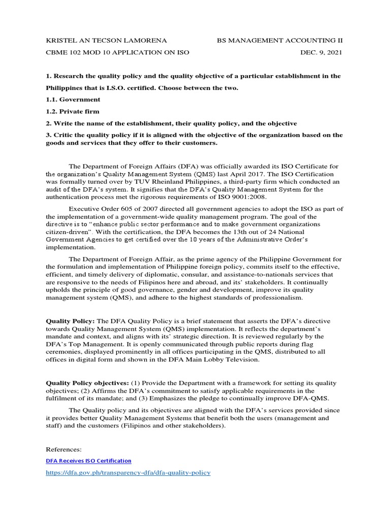 CBME 102 Module 10 Activity and Assessment | PDF | Quality Management System | Quality Management