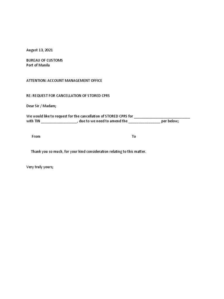 Cancel Stored CPRs Request Bureau of Customs | PDF