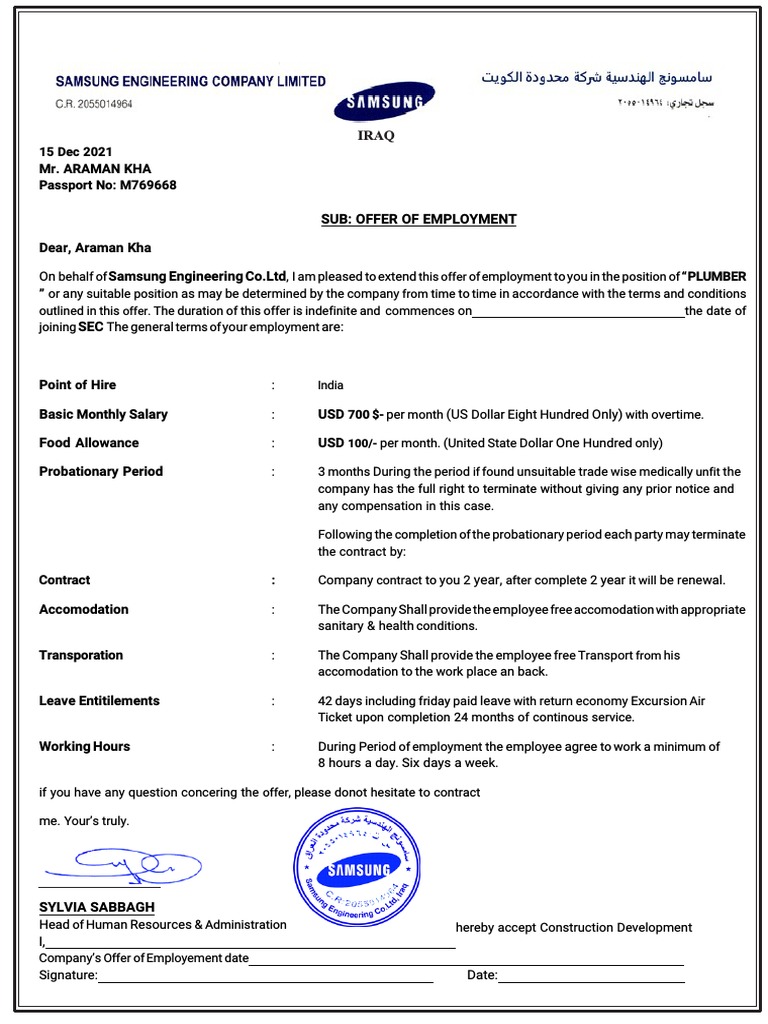 Araman Kha Job Offer Letter | PDF | Employment | Labor