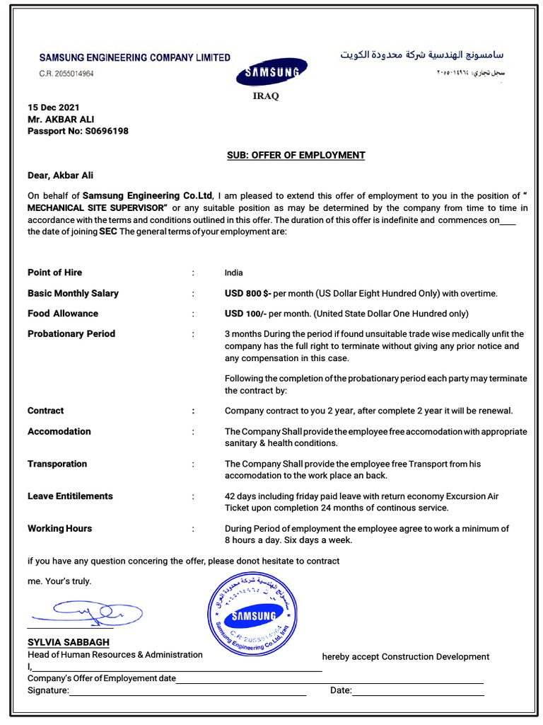 Akbar Ali Job Offer Letter | PDF | Employment | Business