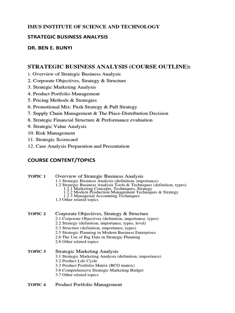 Strategic Business Analysis - Course Outline, Content, Topics Etc ...