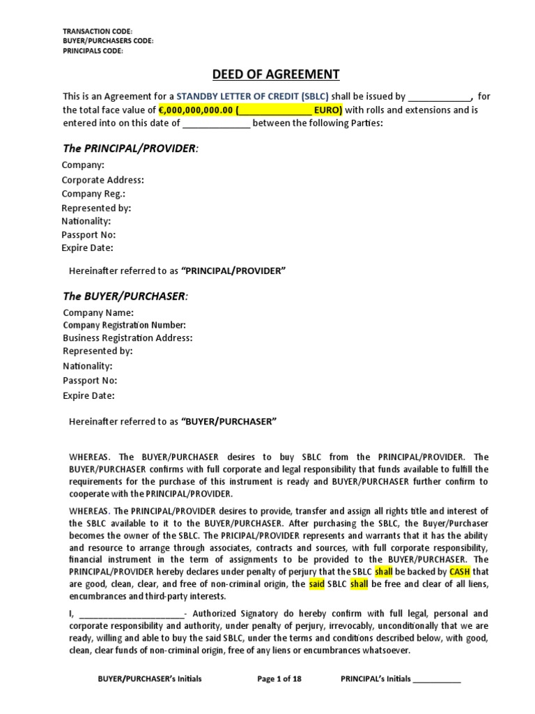 Doa Draft SBLC Buy Sell Feb2022 | Download Free PDF | Letter Of Credit ...