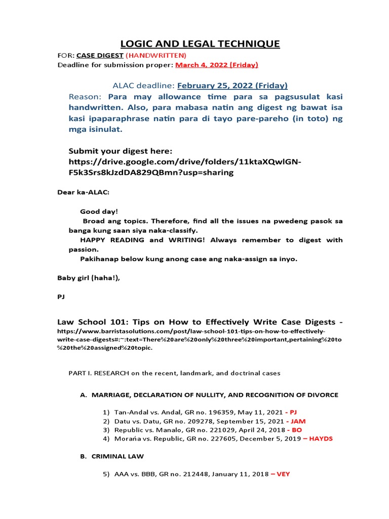 Handwritten Case Digest Guidelines | PDF
