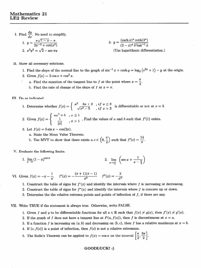 Math 21 LE2 Reviewer | PDF