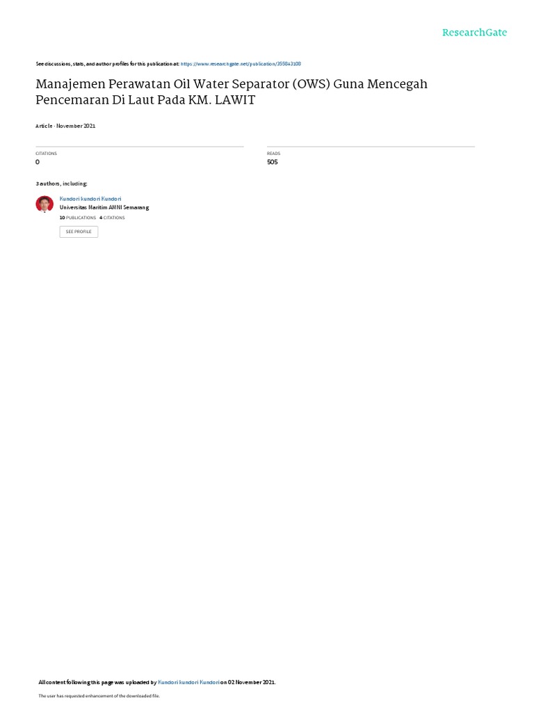 Perawatan OWS Cegah Pencemaran KM. Lawit | PDF | Teknologi & Rekayasa