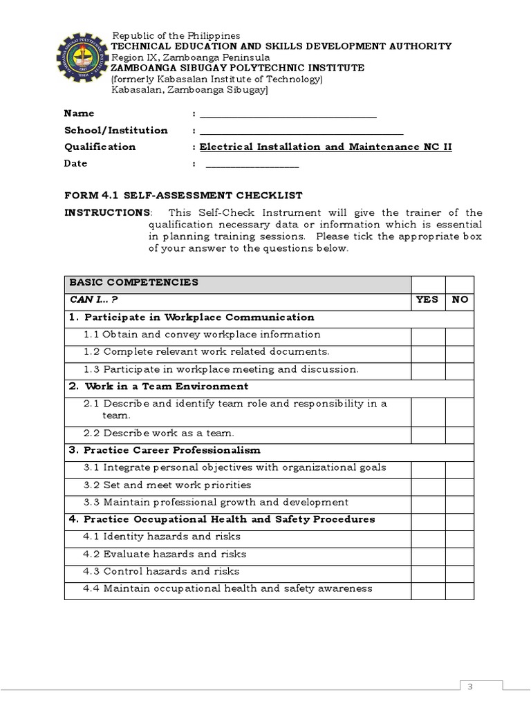EIM NC II - Self Assessment Checklist | PDF | Electrical Wiring | Electrical Engineering