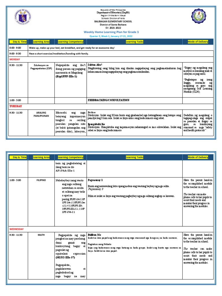Grade 1 - All Subjects - WHLP - Q3 - W1 | PDF