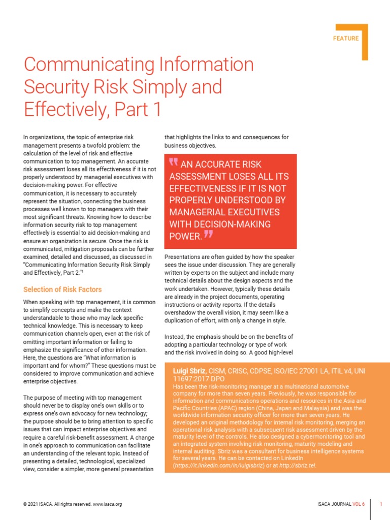 Communicating Information Security Risk Simply and Effectively, Part 1 ...
