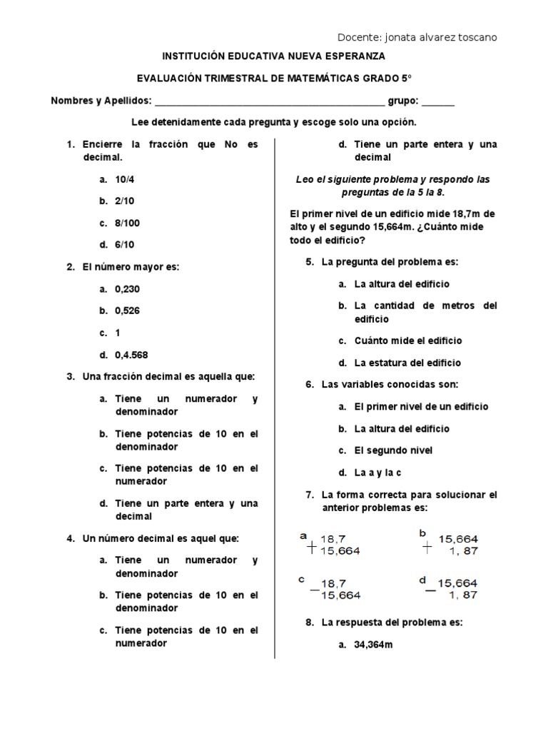 Examen Trimestral 5º | PDF | Fracción (Matemáticas) | Enseñanza de matemática