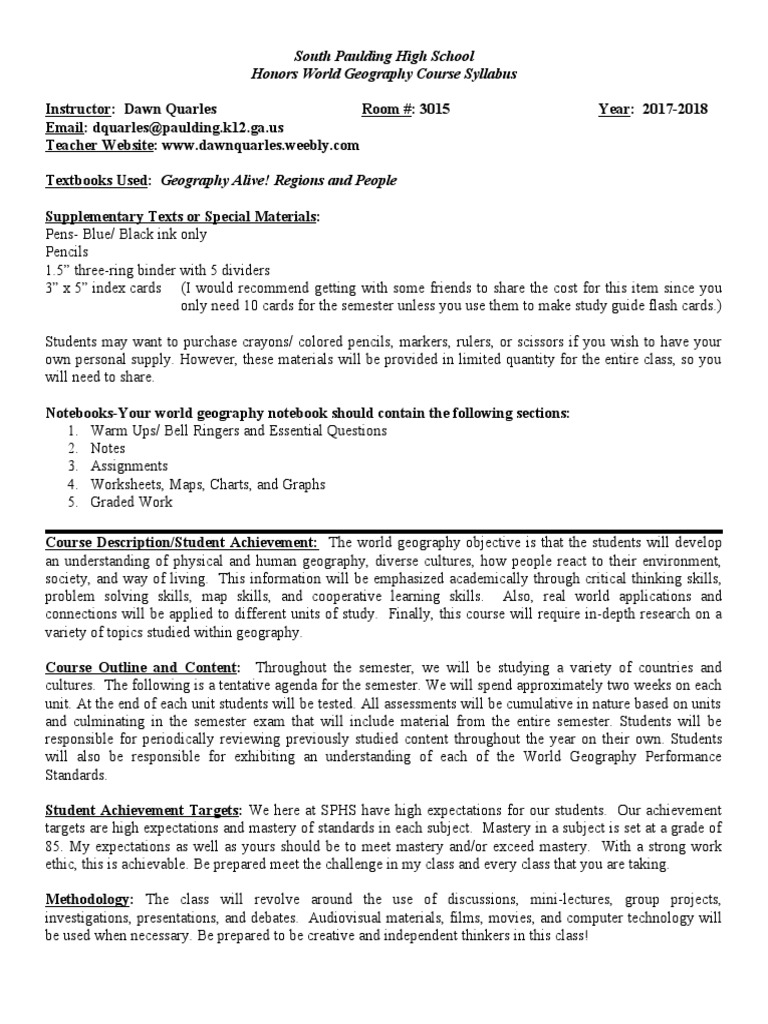 South Paulding High School Honors World Geography Course Syllabus | PDF ...