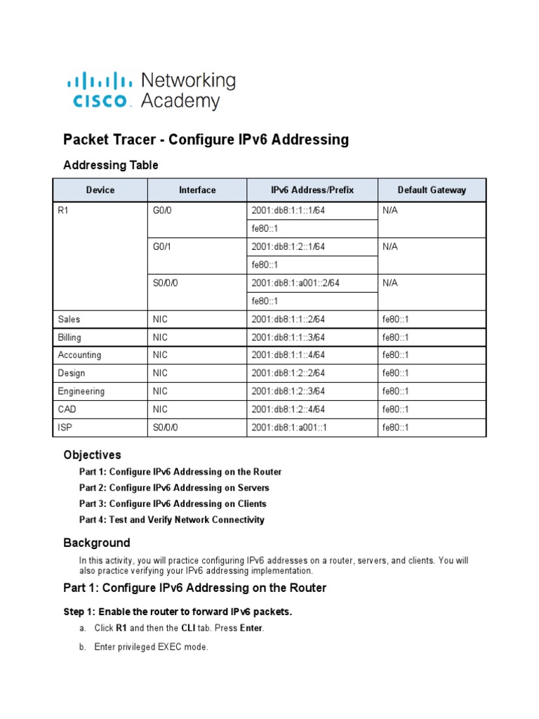Packet Tracer - Configure Ipv6 Addressing | PDF | I Pv6 | Data Transmission