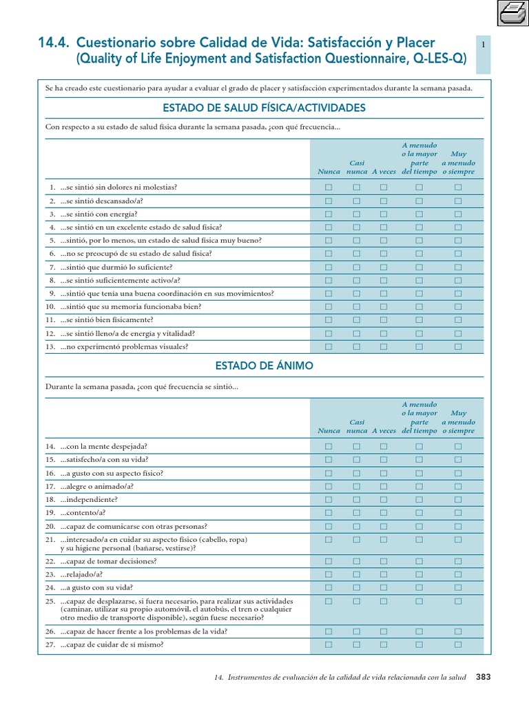Cuestionario Sobre Calidad de Vida - Satisfacción y Placer (Q-LES-Q) | PDF