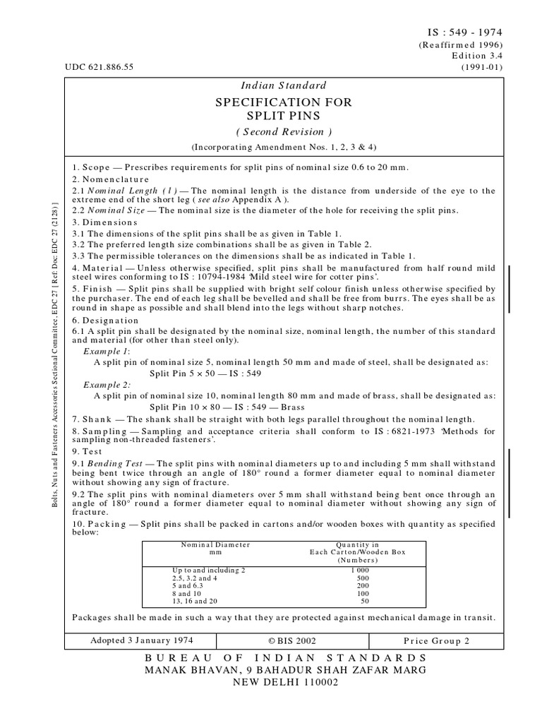Specification For Split Pins: Indian Standard | PDF