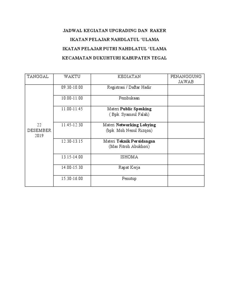 Jadwal Kegiatan Upgrading Dan Raker | PDF