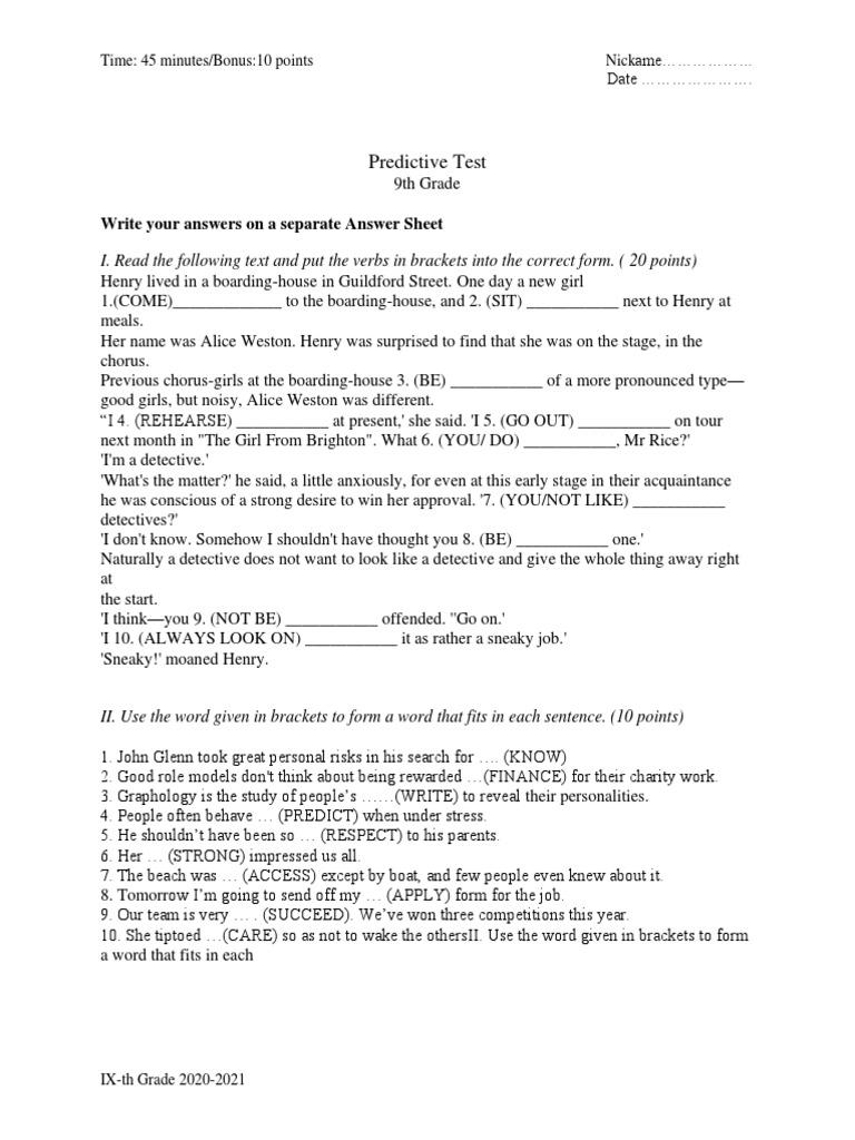 Predictive Test: Write Your Answers On A Separate Answer Sheet | PDF