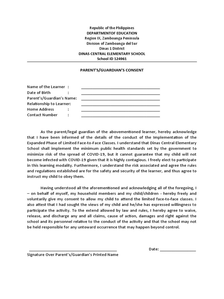 Parental Consent Form for Limited Face-to-Face Learning at Dinas ...