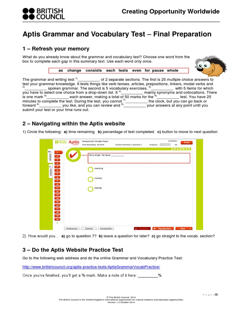 Aptis Grammar and Vocabulary Test - Final Preparation: 1 - Refresh Your ...