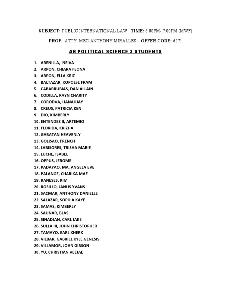 Class Lists Ba Polsci-3 Public International Law Subject | PDF | History