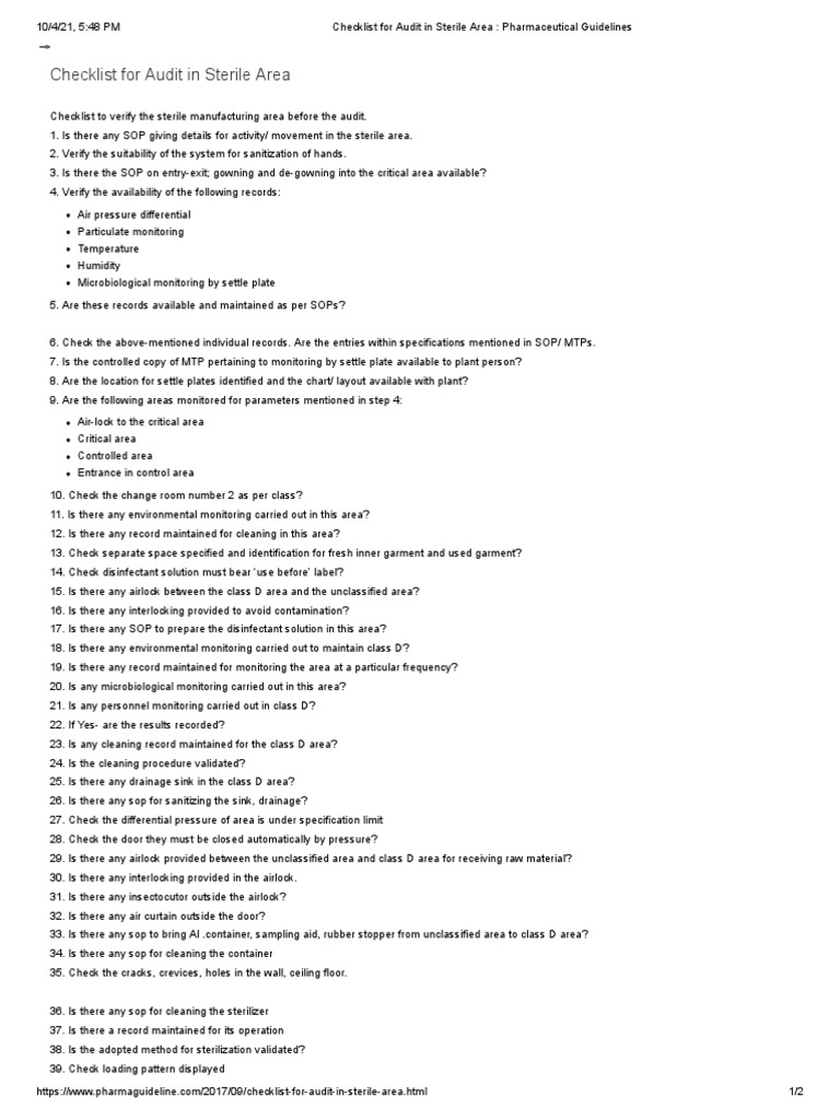 Checklist For Audit in Sterile Area - Pharmaceutical Guidelines | PDF ...