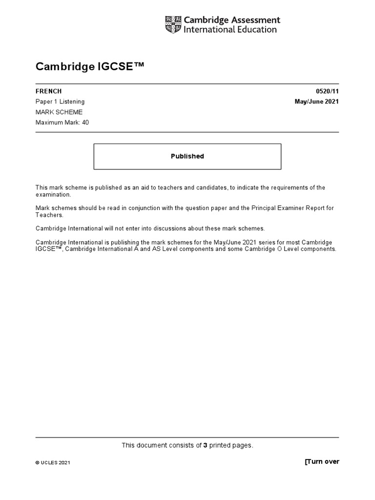 Cambridge IGCSE™: French 0520/11 May/June 2021 | PDF | Students ...