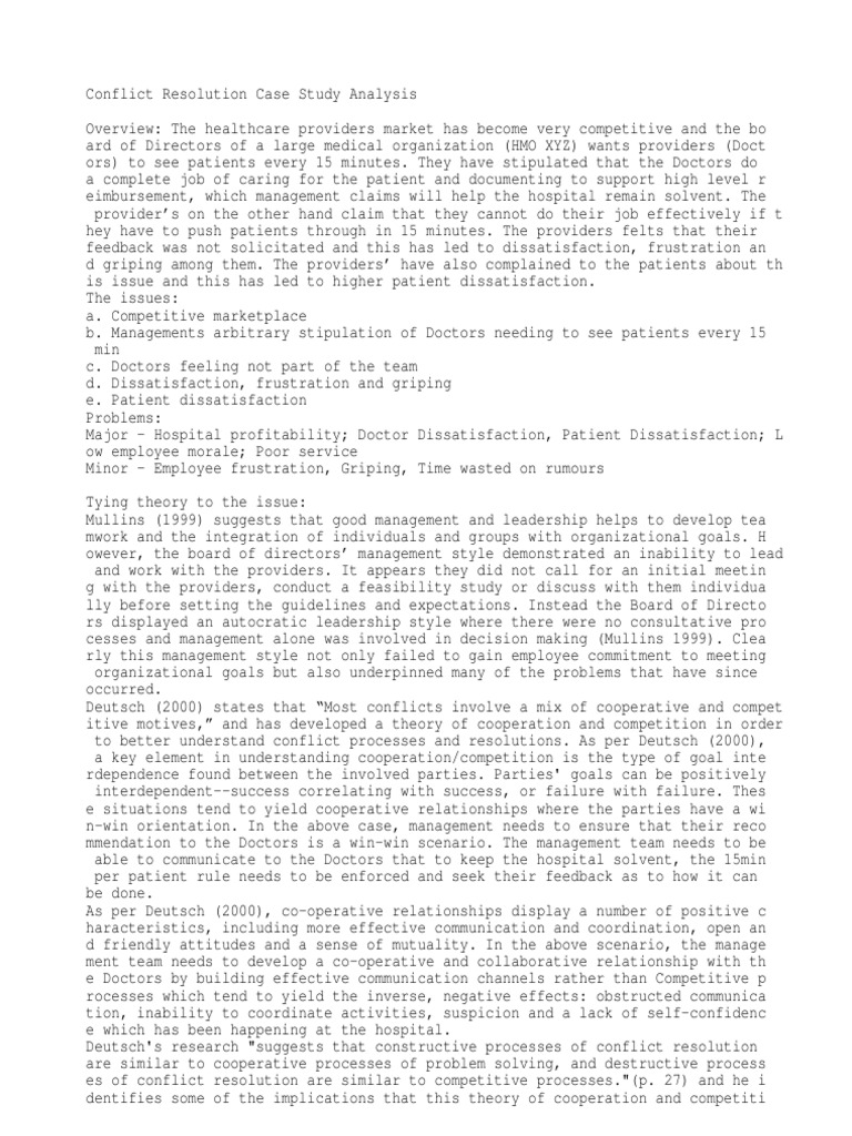 Conflict Resolution Case Study Analysis | PDF | Leadership | Cognitive ...