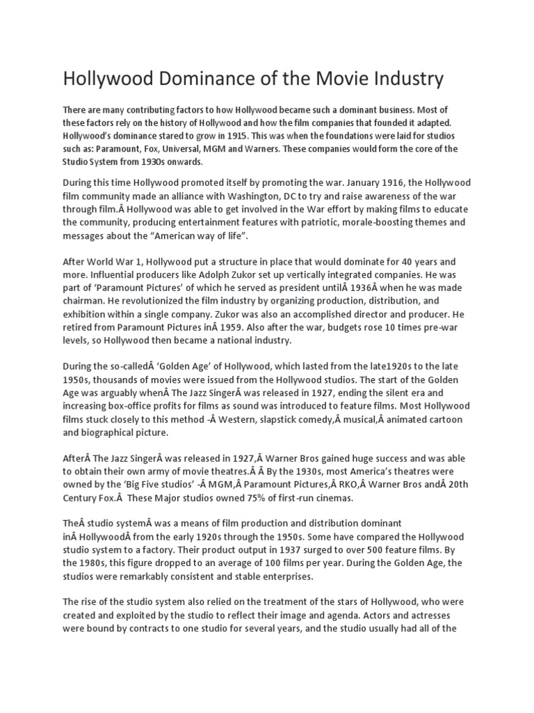 Hollywood Dominance of The Movie Industry | PDF | Cinema Of The United ...