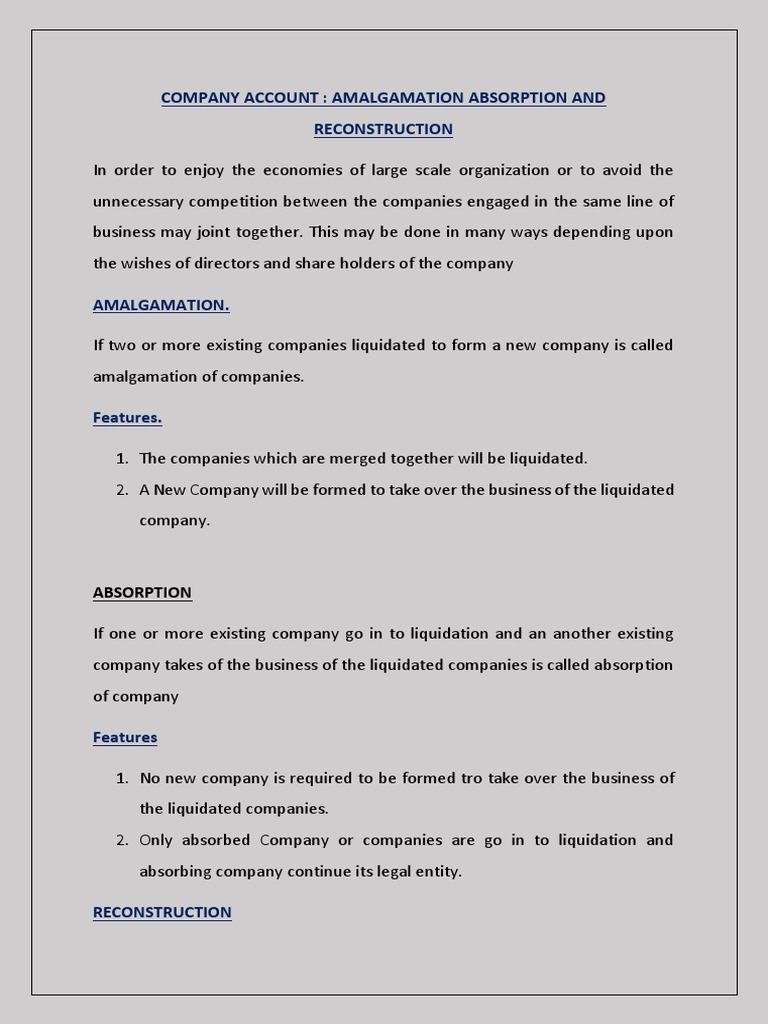 Unit (2) 1.2 Amalgamation, Absorption and Reconstruction of Companies. | PDF | Liquidation ...