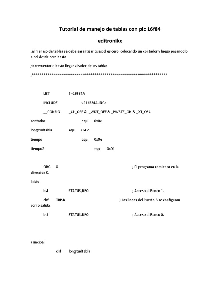 Tutorial de Manejo de Tablas Con Pic 16f84 | PDF | Programación de computadoras | Ingeniería ...