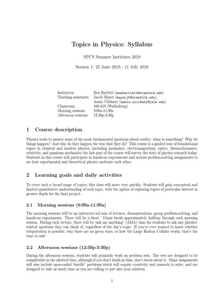 Topics in Physics: Syllabus: 1 Course Description | PDF | Physics ...