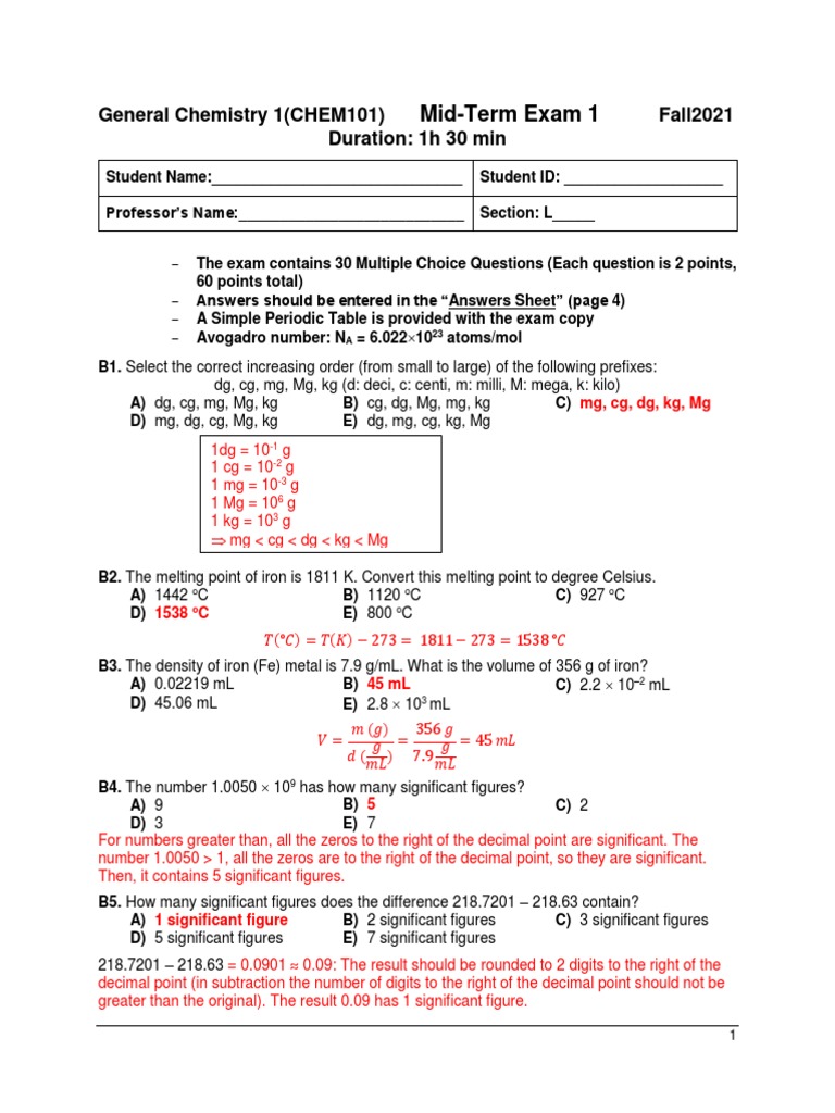 CHEM101 - Exam 1 - Version B - Final - Answers | PDF | Significant ...