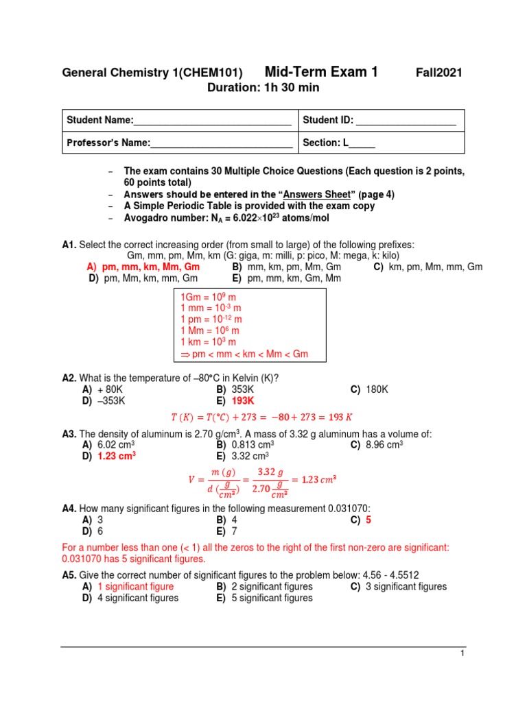 CHEM101 - Exam 1 - Version A - Final - Answers | PDF | Significant ...