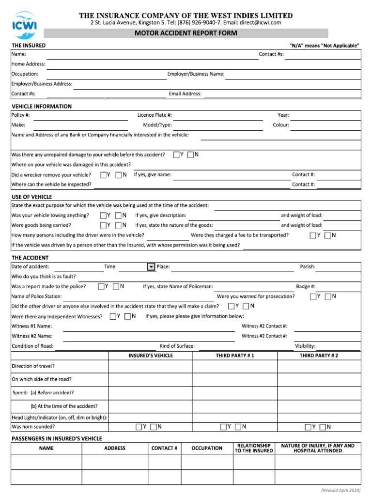 Motor Vehicle Claim Form (Jamaica) 2020 - Editable | PDF