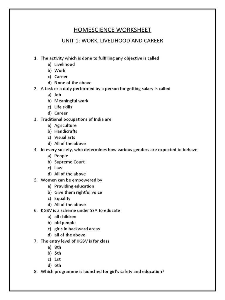 Homescience Worksheet On Work, Livelihood And Career | PDF | Human ...
