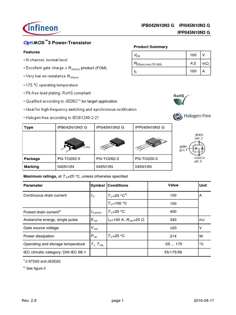 IPB042N10N3 IPi045N10N3 IPP045N10N3 042N10N 045N10N | PDF | Diode | Field Effect Transistor