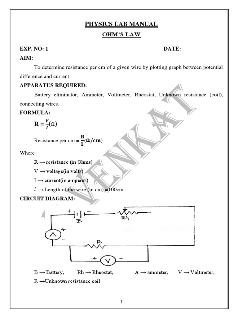 Physics Lab Manual Ohm'S Law: Exp. No: 1 Date: Aim | Download Free PDF ...