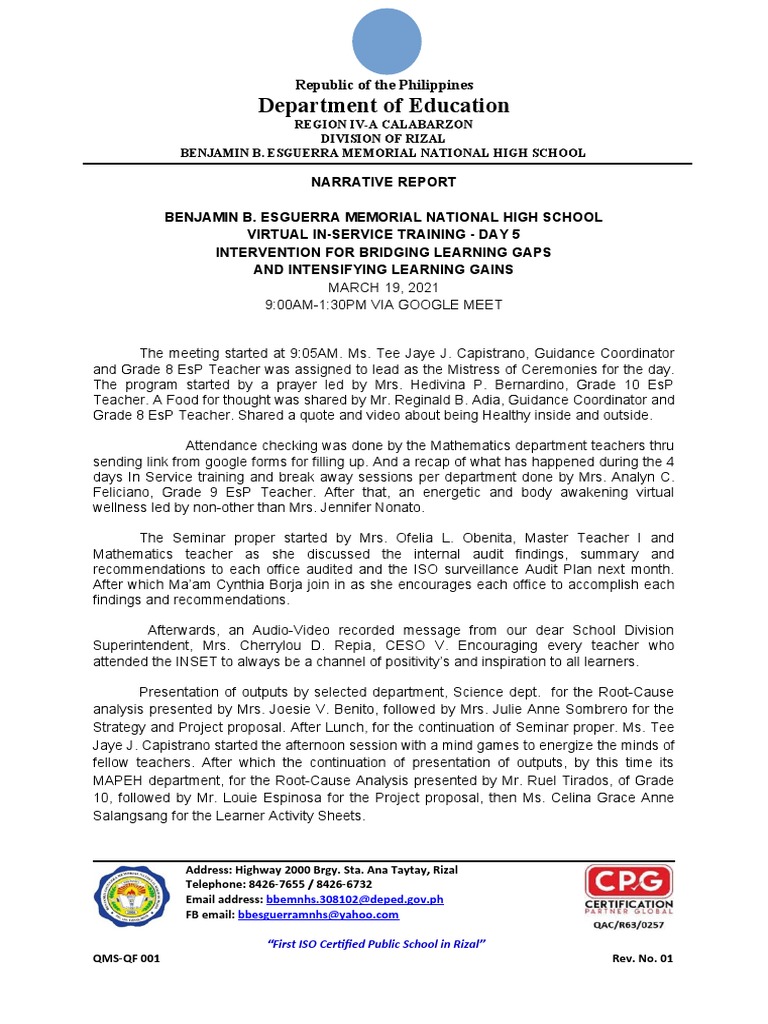 INSET Day 5 - 03192021 - Narrative Report | PDF