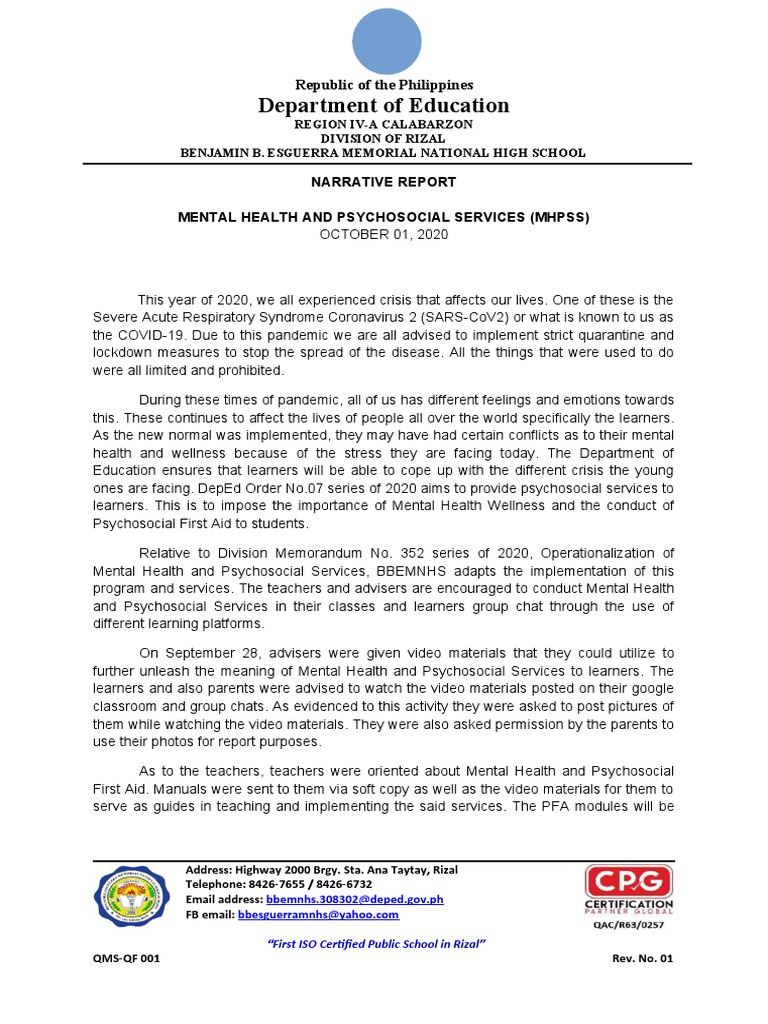 Narrative Pictorial Report Mental Health and Psychosocial Services ...