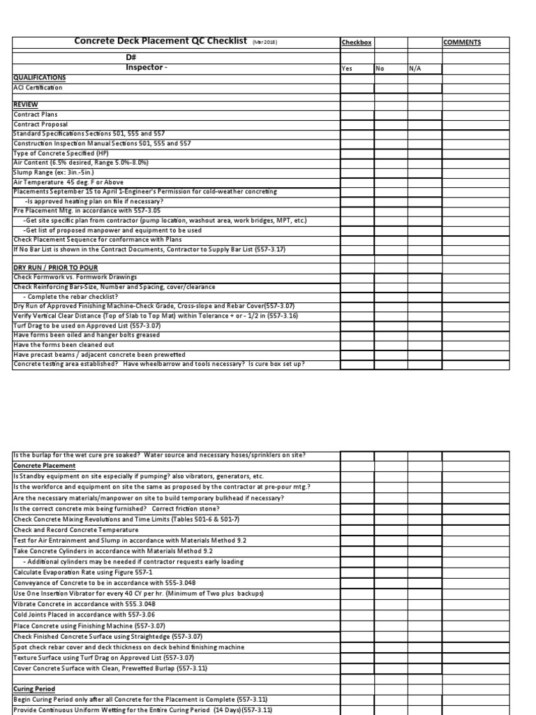 CI Checklist Concrete Bridge Deck | PDF | Concrete | Materials