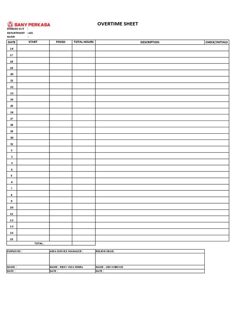 Overtime Sheet: Date Start Finish Total Hours Description Check ...