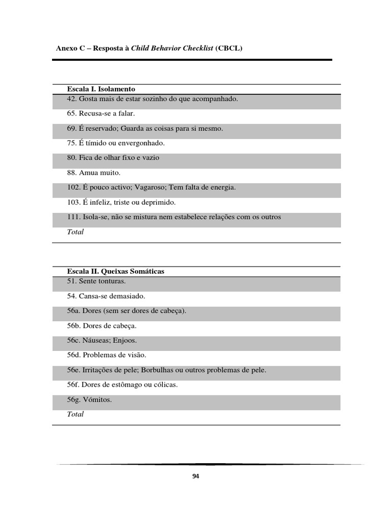 Organização Escalas CBCL | PDF | Depressão | Transtorno obsessivo ...