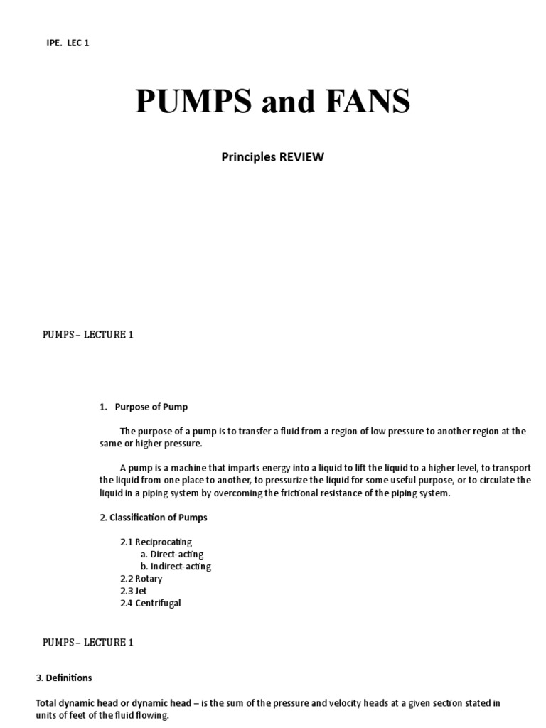LECTURE 1. PUMPS and FANS. | PDF | Pump | Phases Of Matter