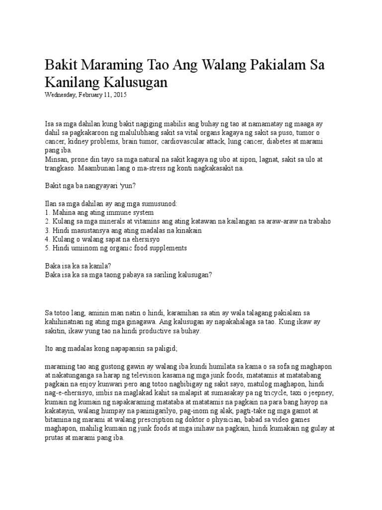 Bakit Maraming Tao Ang Walang Pakialam Sa Kanilang Kalusugan | PDF