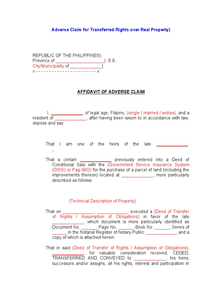 Adverse Claim For Transferred Rights Over Real Property | PDF ...