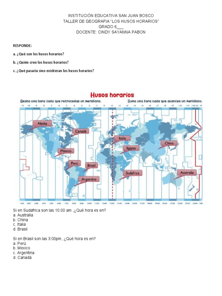 Taller sobre Husos Horarios Globales | PDF | Salud y bienestar