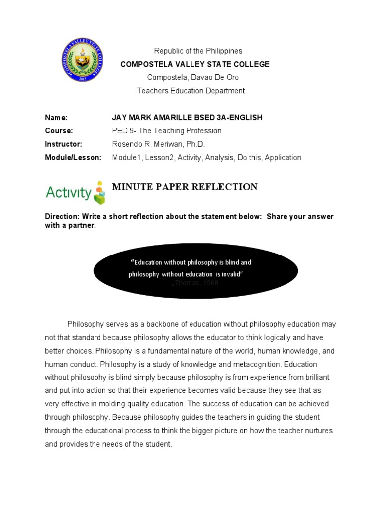 Minute Paper Reflection: Compostela Valley State College | PDF ...