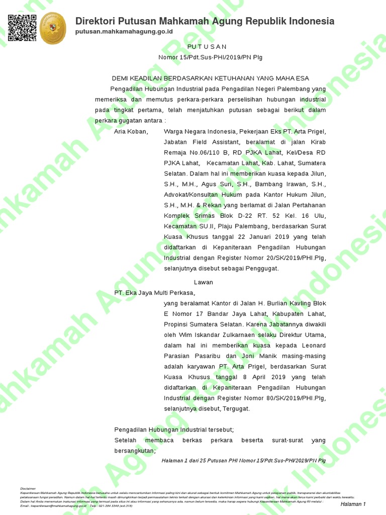 Putusan 15 PDT - Sus-Phi 2019 PN PLG 20200706 | PDF
