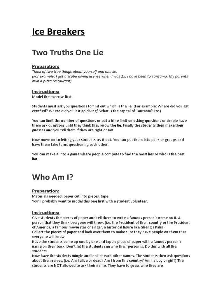 Ice Breakers: Two Truths One Lie | PDF | Wellness