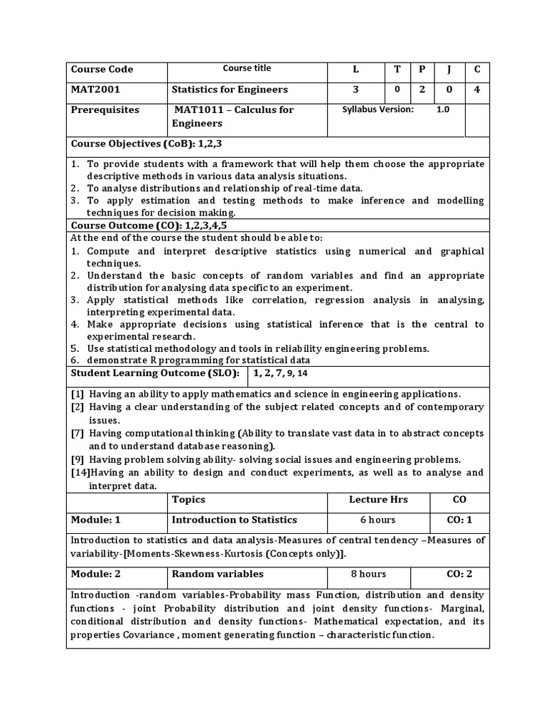 Statistics For Engineers (MAT2001) - Syllabus | PDF | Statistics ...